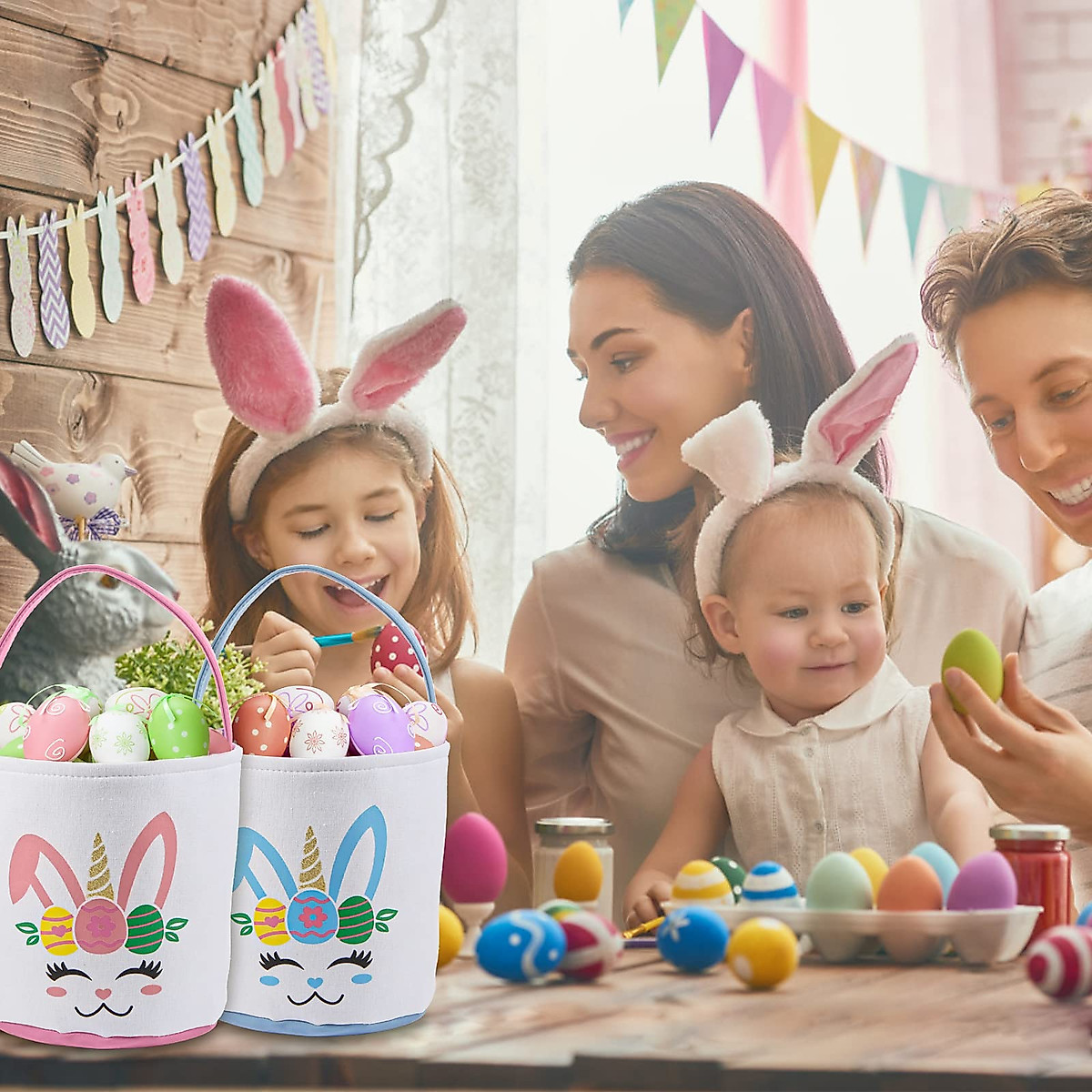 SHOKUTO Easter Bunny Basket Bags, 2Pcs - Polyester, Cotton, Multicolor, Round, 9"x 9"x 10"