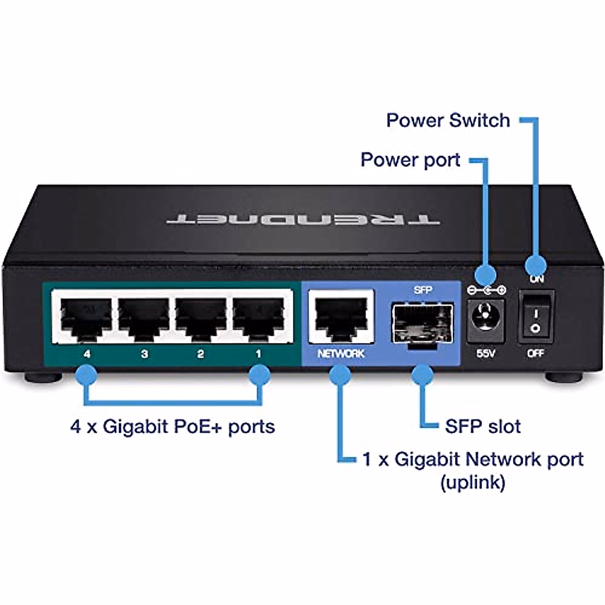 TRENDnet 6-port Gigabit Poe+ Switch, TPE-TG611, 4 X Gigabit Poe+ Ports, 1 X Gigabit Port, 1 X SFP Slot, Supports 100/1000Base-FX Fiber SFP Modules, Ethernet Desktop Network Switch, Lifetime Protection