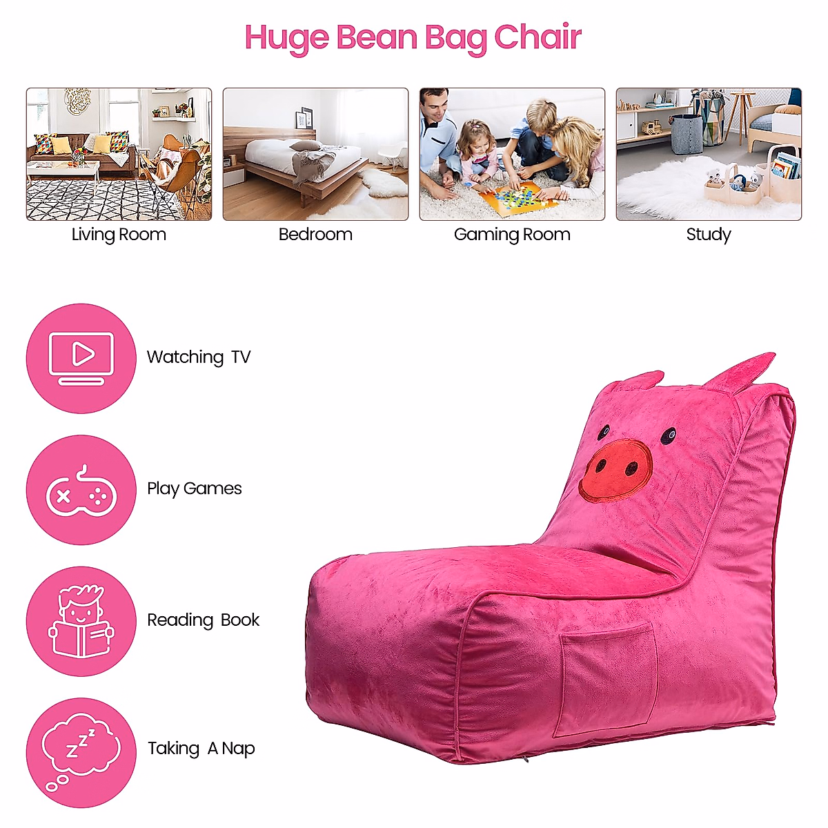 Recaceik Kids Bean Bag Chair, Soft Memory Foam Filled Bean Bag Seat for Baby Girl/Boy, Animal Bean Bag Chair with Removable Cover and Top Handle, Cartoon Sofa for Nursery, Playroom, Living Room