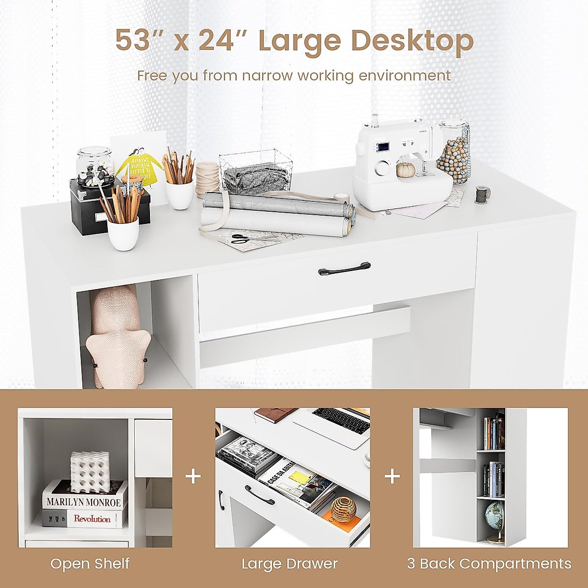 COSTWAY 36” Counter Height Sewing Table, 53 Inch Artwork Craft Table with 14 Open Compartments, 3-Position Adjustable Shelf, 1 Drawer & Cabinet, Project Center Desk Drafting Sewing Workstation, White