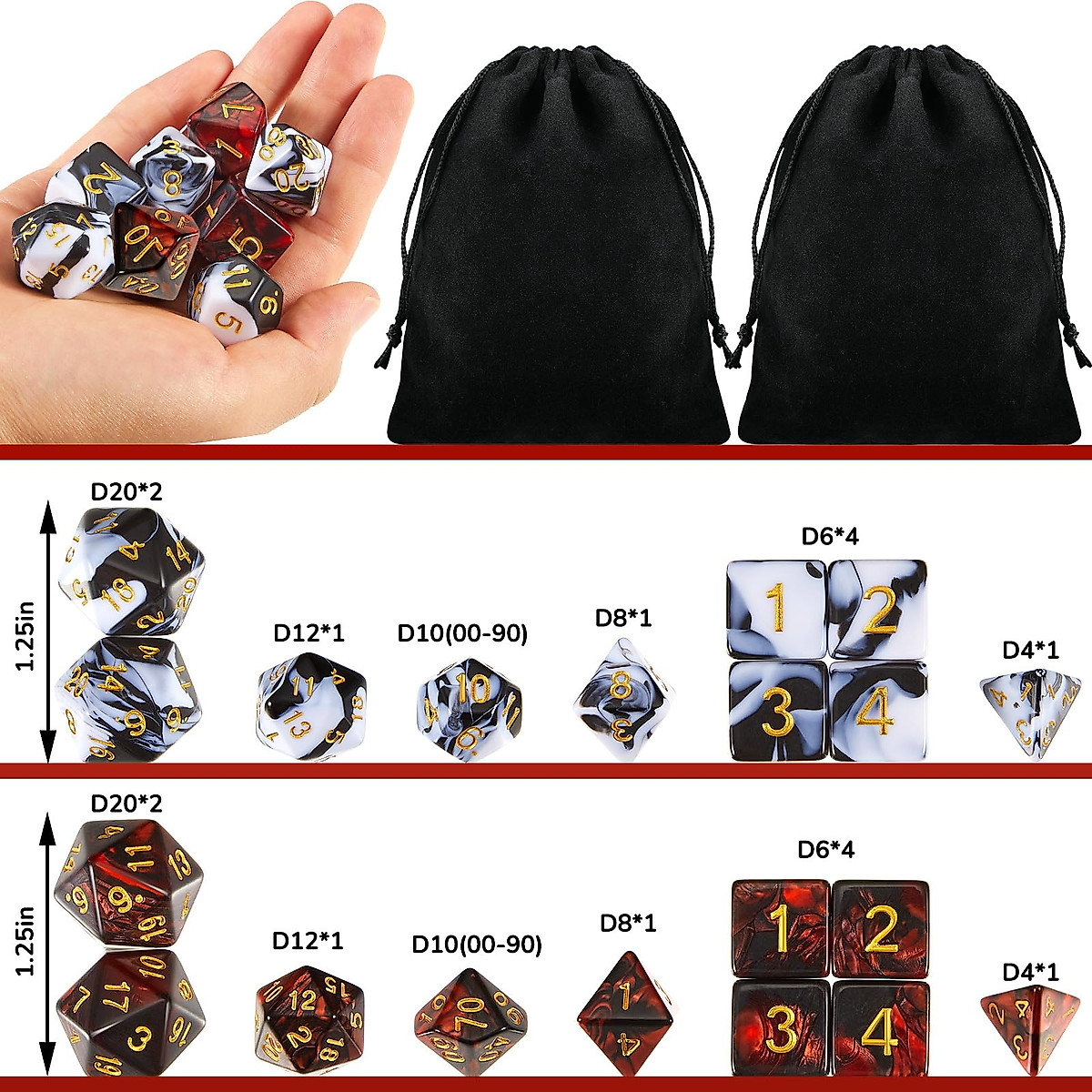 2 Set 11 Dice Set Polyhedral Dice Set Multisided Dice Set Smooth Touch with Drawstring Bag Compatible with RPG MTG Table Game Dice, 22 Pieces
