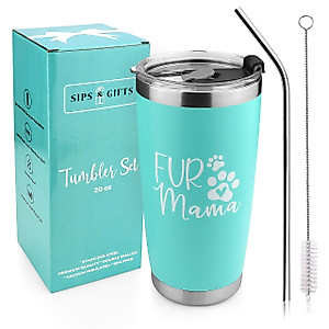 Sips & Gifts Fur Mama - Fun Presents for Dog lover, Cat lover - 20 oz Mint Stainless Steel Vacuum Insulated Travel Tumbler with Lid and Straw - Perfect Travel Mug for a Fur Mama