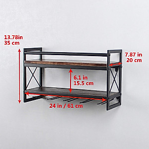 MBQQ Wine Rack Stemware Glass Rack,Industrial 2-Tier Wood Shelf,36" Wall Mounted Wine Racks with 8 Stem Glass Holder for Wine Glasses,Mugs,Home Decor,Black