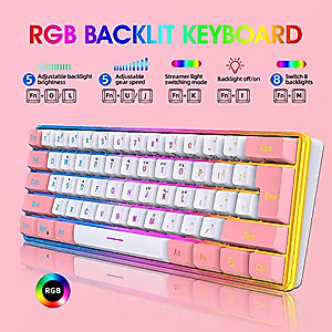 Snpurdiri 60% Wired Gaming Keyboard, True RGB Backlit Ultra-Compact Mini 61 Keys Keyboard for PC/Mac Gamer, Typist, Travel, Easy to Carry on Business Trip(Pink-White)