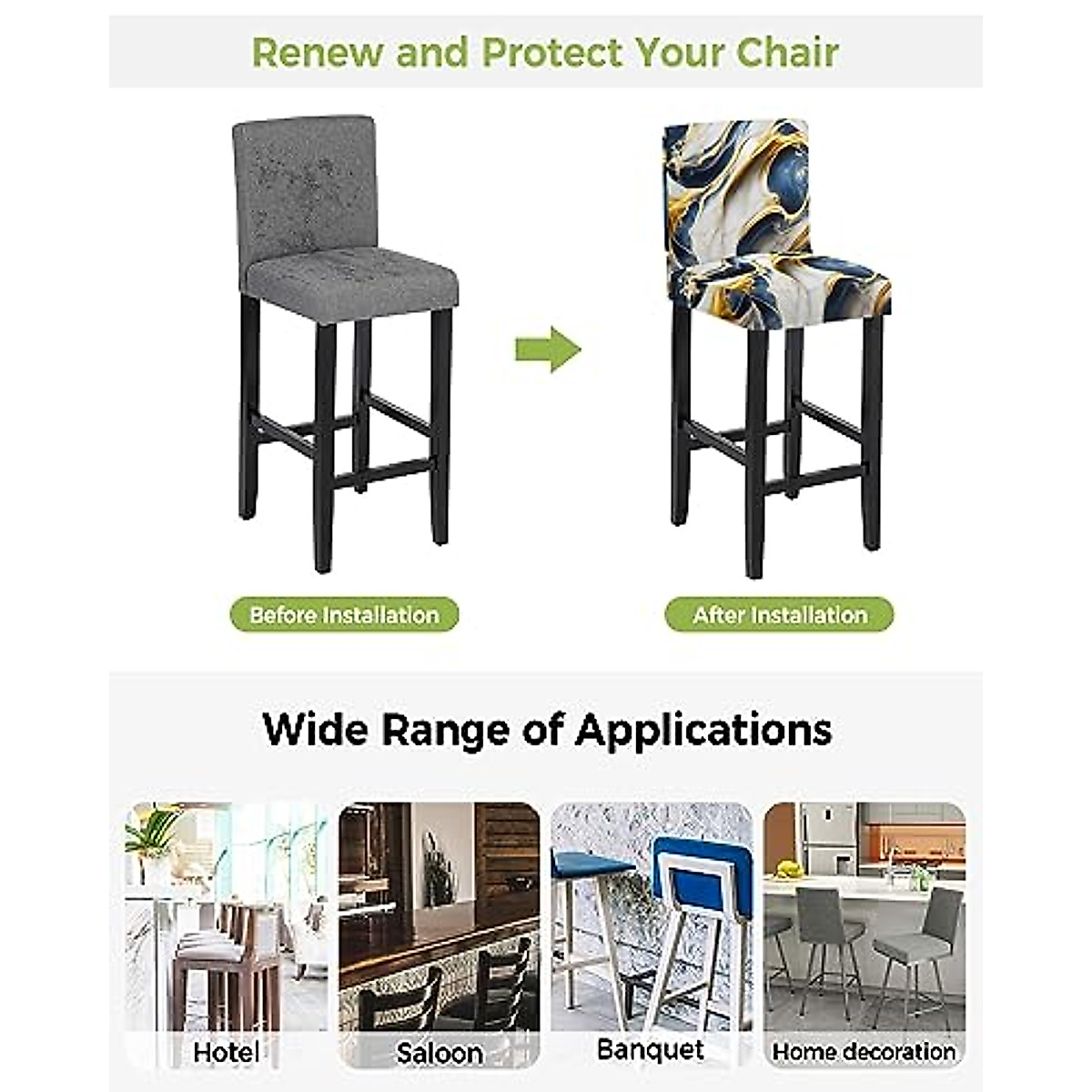 Navy Blue Gold Bar Stool Chair Covers with Backs Set of 4,Stretch Pub Counter Height Chairs Slipcovers Furniture Seat Protector for Kitchen Dining Room Cafe,Marble Modern Art Abstract Gradient Gray