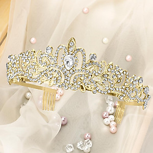 Gold Crown, Crystal Tiaras Rhinestone Headbands for Women Happy Birthday Princess Crown with Combs Elegant Headdress Decorations for Christmas Bridal Wedding Prom Party Costumes Gifts