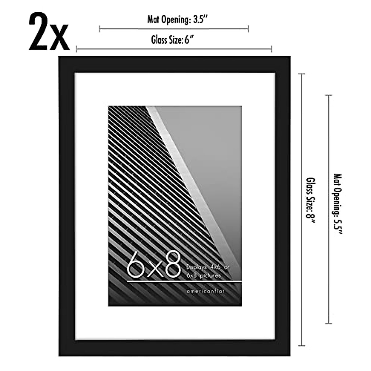 Americanflat 6x8 Picture Frame in Black - Set of 2 - Thin Border 4x6 Frame with Mat and 6x8 Frame Without Mat - Horizontal and Vertical Formats for Wall and Tabletop