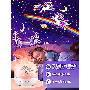 PIKOY Night Light, 6 Films 72 Modes Unicorn Projector Kids Room,Sound Machine Baby, 360° Rotation Lights Bedroom,Kawaii Gifts Girls