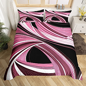 Black and Pink Duvet Cover Geometric Metal Art Bedding Set Retro Stripe Swirl Comforter Cover Retro Circle Geometry Bedspread Cover Full Size with 2 Pillow Case (No Comforter)