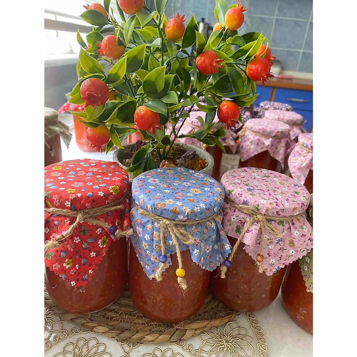 50 Pieces% 100 Cotton Flowered Pattern Fabric Jar Cover Cloth- 6.7'' Jar Cover Cloth With 50 Pieces Beaded Jute Rope