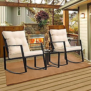 IJIALIFE 3 Piece Rocking Bistro Set, Patio Wicker Rocking Chair, Outdoor Rattan Rocker Chair with Glass Coffee Table, Wicker Rocker Chair for Garden, Porch, Backyard (Beige)