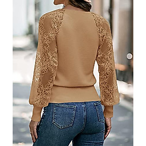 MEROKEETY Women's V Neck Lace Long Sleeve Ribbed Knit Sweater Solid Color Pullover Tops