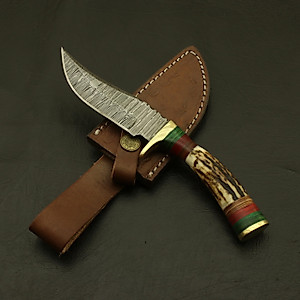 Handmade Damascus Steel Hunting knife Handle Stag Horn Bolster Beautiful Handle comes with Pure Leather Sheath | Camping Damascus Knife EDC