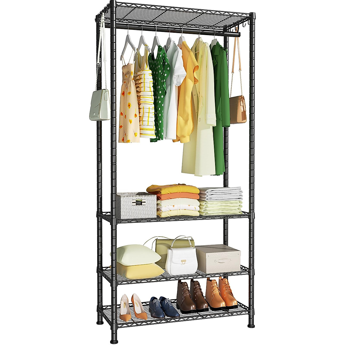 Ulif H1 Portable Closets, 4-Tier Freestanding Metal Garment Rack and Clothes Storage Wardrobe, Suitable for Bedroom, Apartment, Cloakroom, 25.6" W x 15.7" D x 72.8" H, Black