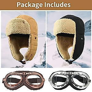 JaGely 4 Pcs Pilot Hat and Goggles Flight Costume Accessories Pilot Helmet Cap with Ear Flaps Hat Adults Winter (Black, Khaki)