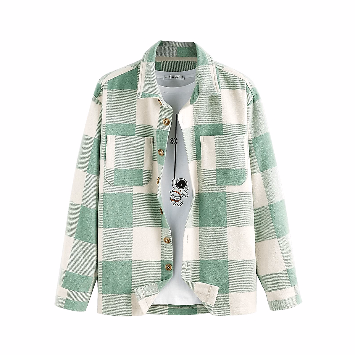 ZAFUL Men's Plaids Shirt Long Sleeve Button Down Lightweight Flannel Jacket Casual Shirt Shacket Classic Flannel Shirts(Plaid-Light Green,M)