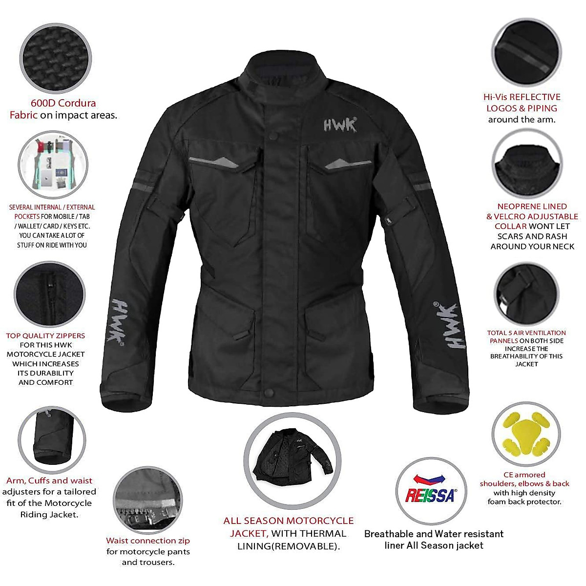 HWK Motorcycle Jacket for Men Adventure/Touring with Cordura Textile Fabric for Motorbike Riding and Impact Protection Armor (Black, Large)