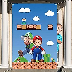 Super Bros Photo Door Banner,Cartoon Large Fabric Kids Face Photography Decoration Backdrop Boys Birthday Party Game Supplies Props Background (Super Bros)