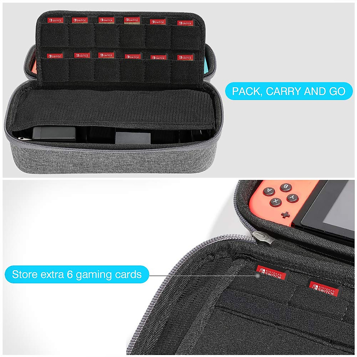 VUP Carrying Case Compatible with Nintendo Switch, Protective Hard Cover Storage Case, Portable Travel Carry Case for Accessories and 18 Game Cartridges, Gray