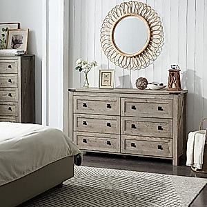 T4TREAM Farmhouse 6 Drawers Dresser Chests for Bedroom, Wood Rustic Wide Chset of Drawers,Storage Dressers Organizer for Bedroom, Living Room,Hallway, Light Rustic Oak