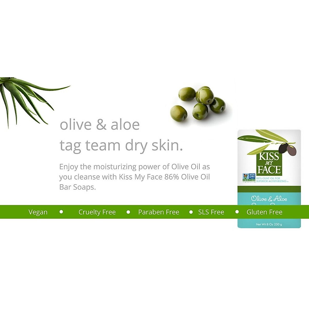 Kiss My Face Pure Olive Oil Soap with Aloe Vera, Moisturizing Bar Soap, 8 oz Bars, Olive & Aloe, 64 Ounce (Pack of 8)