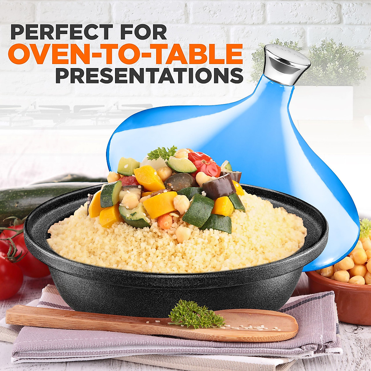 NutriChef Cast Iron Moroccan Tagine - 11.6 Inch Tajine Cooking Pot with Stainless Steel Knob, Enameled Base, Cone-Shaped Enameled Lid - Oven and Dishwasher safe - 2.75 Quart, Blue