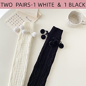 leeper 2 Pairs Leg Warmers Japanese Kawaii Leg Warmers for Women Knit Black White Leg Warmers Y2K with Wool Ball for Women&Girls