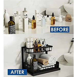 Organizer and Storage, Under Sink, Countertop, Bathroom Vanity Top, Cabinets, Tabletop Storage Organizer +GIFT 4 Hooks and Hanging Cup, 2 Tier, Bathroom or Vanity, Slide Out Shelf, Black Metal No rust