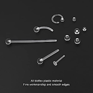 PiercingArt 36pcs Clear Piercing Retainers Bioflex Plastic Jewelry for Nipple Tongue Nose Septum Eyebrow Belly Earrings Tragus Helix Cartilage Industrial Lip Labret Rings Studs For Surgery Mri