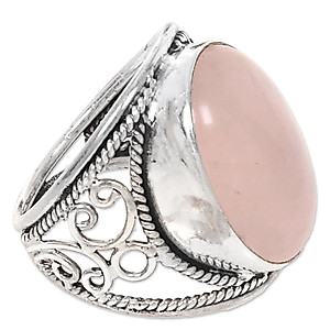 NOVICA Artisan Handmade .925 Sterling Silver Rose Quartz Cocktail Ring Crafted from Indonesia Pink Pale Dogwood Birthstone [0.9 in L x 0.8 in W x 0.3 in H 3 mm W] 'Pink Moon'