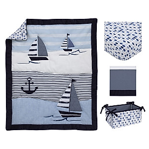 Nautica Nautical Adventure Blue & White Sailboat, Anchor, Waves, & Stripes 4Piece Nursery Crib Bedding Set - Comforter, 100% Cotton Fitted Crib Sheet, Crib Skirt, & Storage, Navy, Light Blue, White,