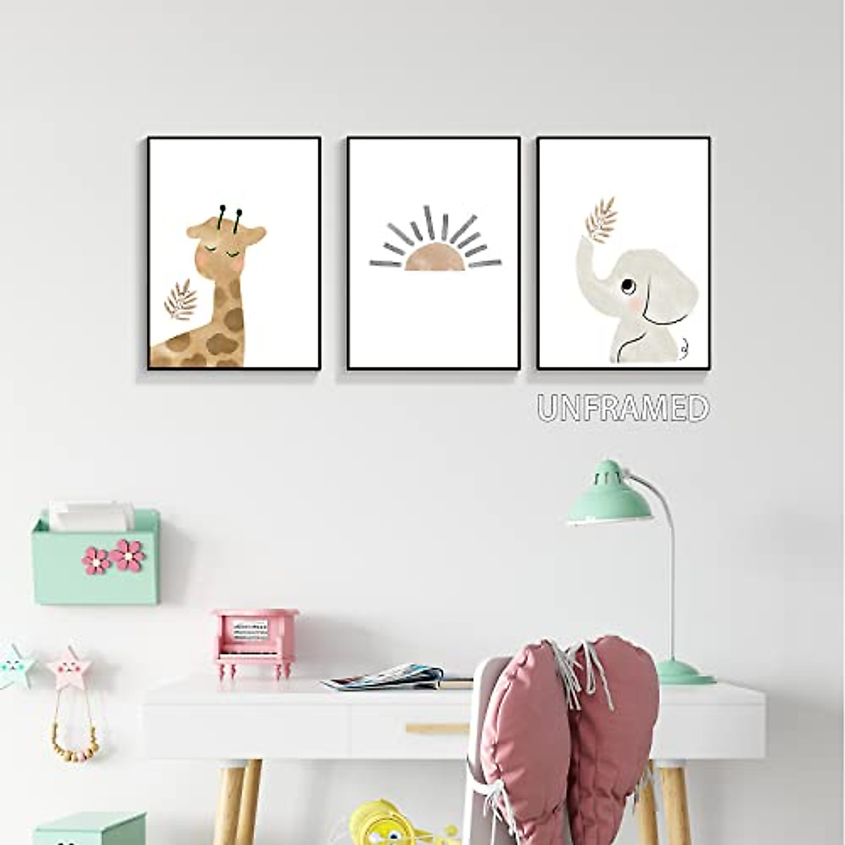 Cute Woodland Animals Giraffe Canvas Wall Art Set of 3 12x16in, Colorful Minimalist Baby Nursery Sun Room Aesthetic Posters, Neutral Elephant Print Painting Decor for Girl Boy Kids Bedroom Unframed