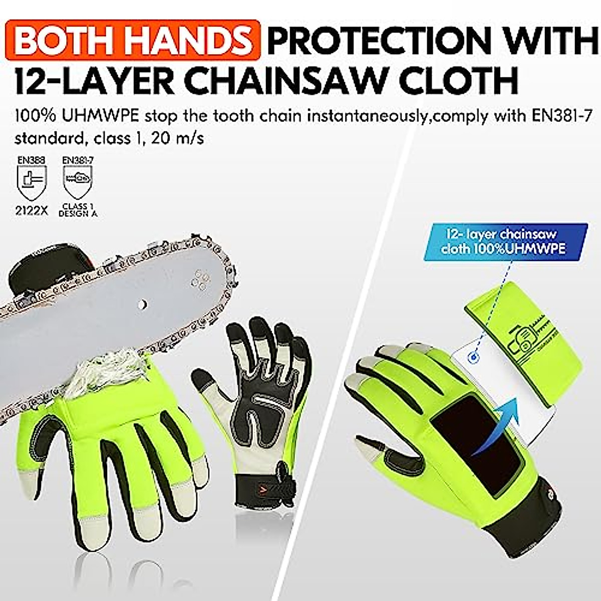 Vgo... Chainsaw 12-Layer Saw Protection on Both Hands Cow Leather Gloves (1 Pair,Size L, Hi-Viz Green, CA9760)