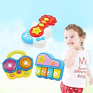 Portable Set of 3 (Piano, Bongo Drums, Guitar) Educational Toy for Music Learning and Entertainment for Ages 6 Months to 4 Years. All 6 Batteries Included.
