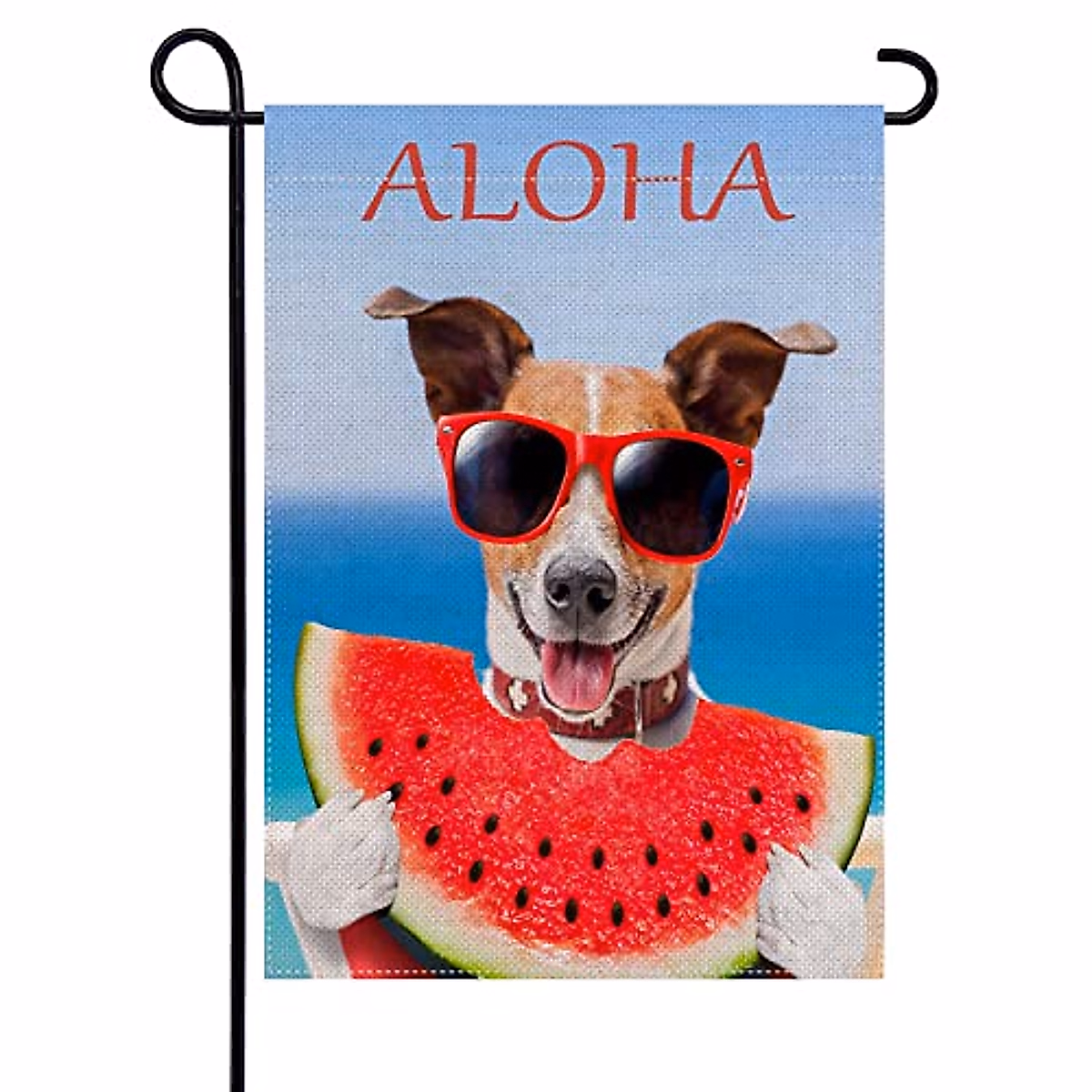 Uanvaha jack Russell dog Garden Flags for Outside 12.5X18 Double Sided ALOHA cute puppy on hammock beach eating watermelon Outdoor Banner Flag Burlap Yard Home Decorations