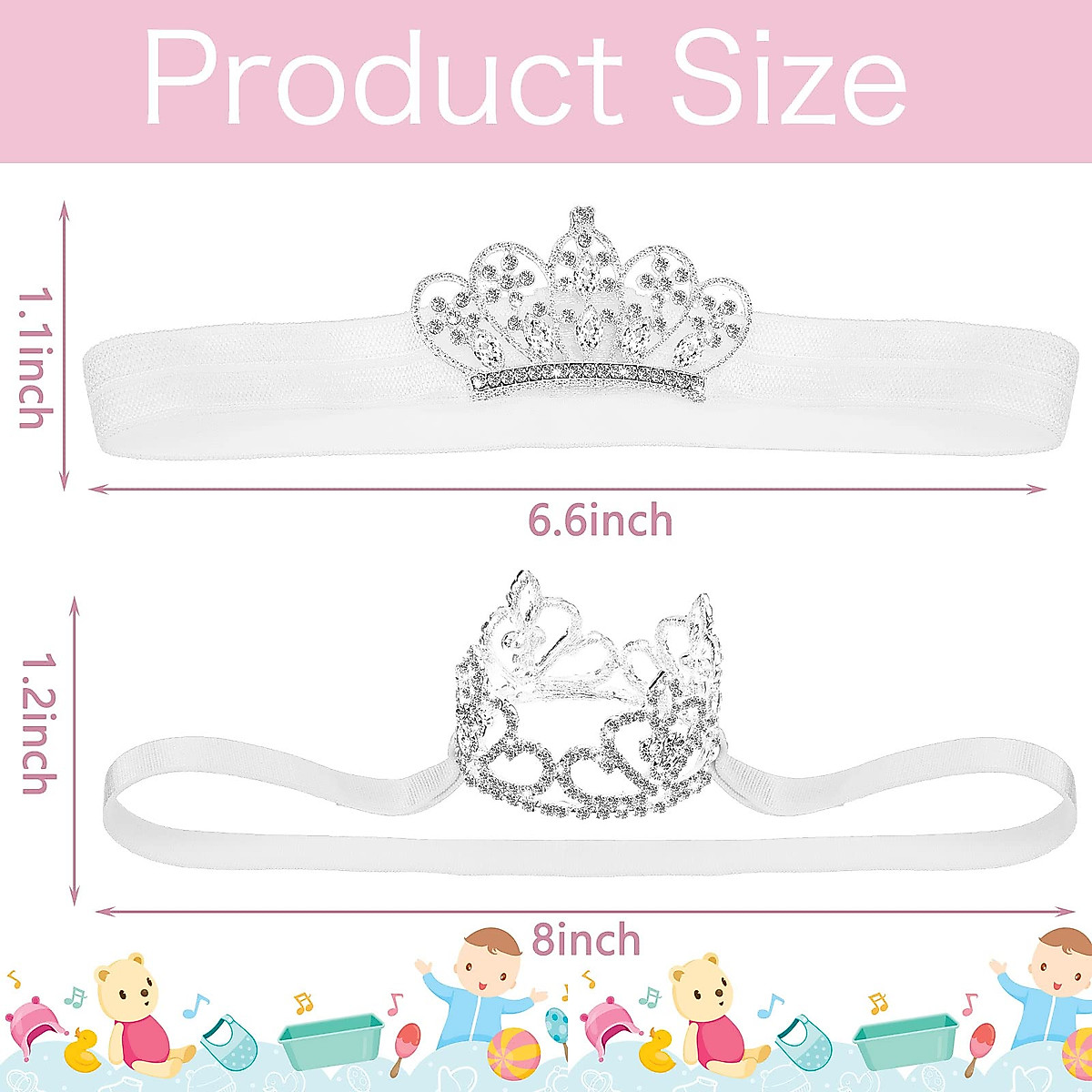 2 Pieces Baby Crown Baby Tiara baby crown headband baby girl crown Newborn Crown for Baby Girl infant tiara princess tiaras for little girls Birthday Elastic hair band Photography Outfits (Silver, White)
