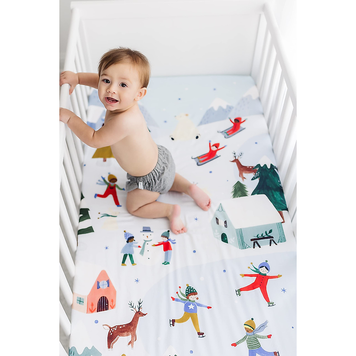Rookie Humans 100% Cotton Sateen Fitted Crib Sheet: Snowy Day. Modern Nursery, Use as a Photo Background for Your Baby Pictures. Standard Crib Size (52 x 28 inches)