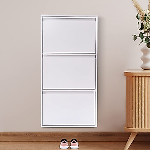 Lemoeyes Shoe Cabinet with 3 Flip Drawers, Tipping Shoe Organizer Wall Mounted Shoe Storage for Entryway Hallway Corridor, Holds 9 Pair Shoes, White, No-Assembly