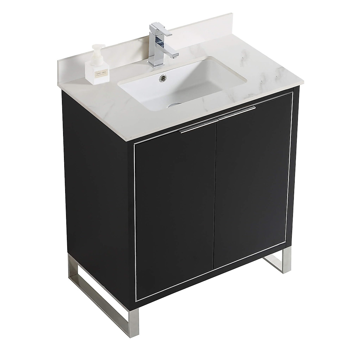Fine Fixtures Opulence Collection 30 in. W x 18 in. D x 33 in. H Bathroom Vanity in Black Matte with White Carrara Sintered Stone Sink - Chrome Hardware