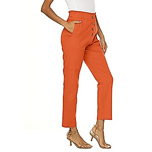 Crop Pants for Women Cotton Linen Pants Summer Casual High Waisted Button Capris Regular Fit Solid Lounge Cropped Pant