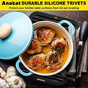 Anaeat 2 Pack Silicone Trivets for Hot Pots and Pans - Heat Resistant Real Silicone Hot Pads for Kitchen Counter, Multi-Purpose & Durable Trivet Mat for Hot Dishes, Jar Opener, Spoon Holder (Black)