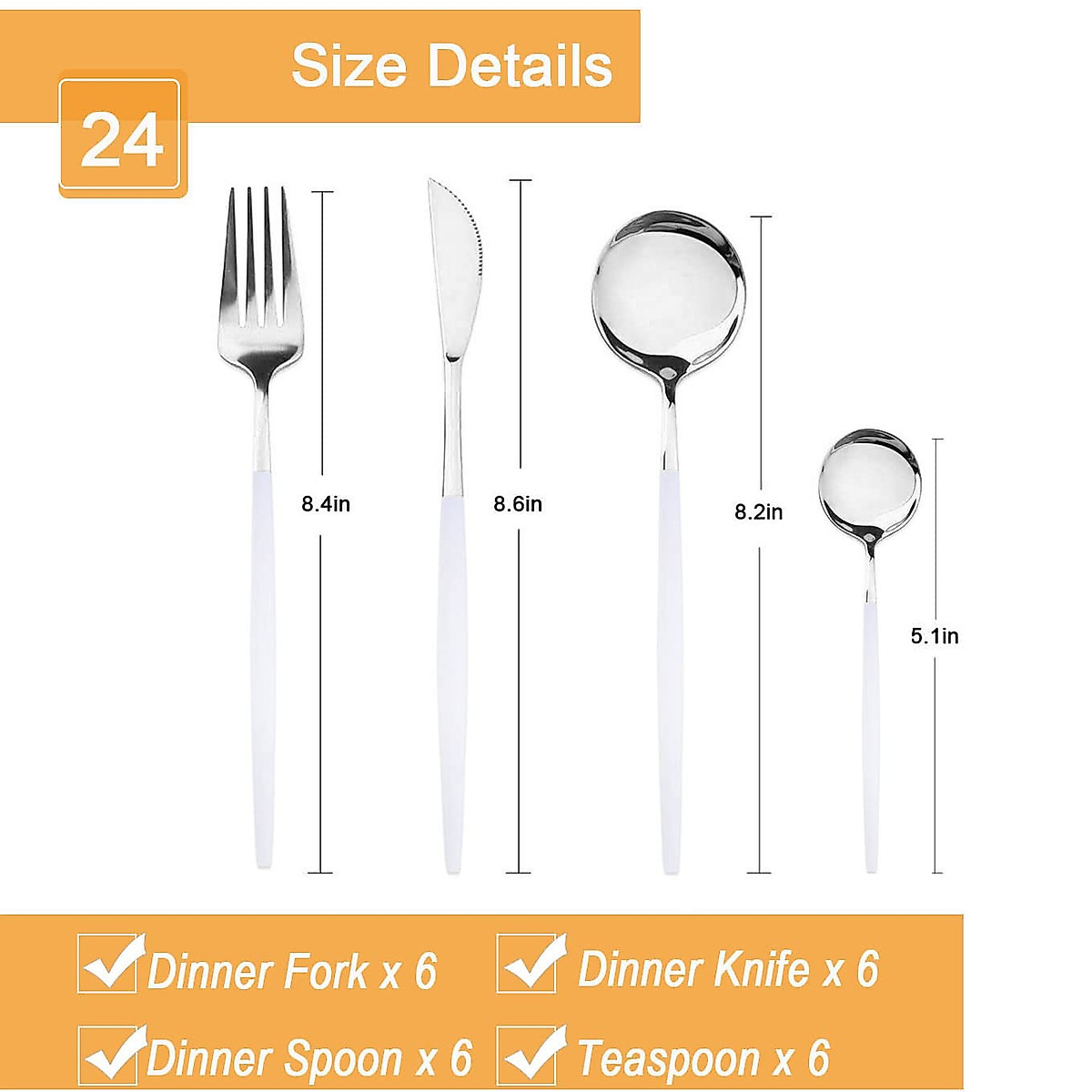 Dnalrhoi 24-Piece Korean Silverware Sets Mirror Polished Stainless Steel Western Flatware Cutlery Set Service for 6 Including Forks Spoons Knives Kitchen(White Silver)