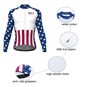 Lo.gas USA Cycling Jersey Men Long Sleeve Bike Biking Shirts American Flag Road Bicycle Clothing Full Zip with Pockets