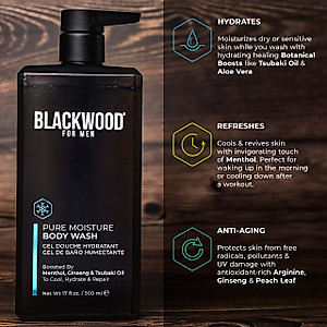 Blackwood For Men Pure Moisture Body Wash - Infused with Ginseng & Menthol - Natural Vegan Formula for Sensitive Skin and Workout Recovery - Sulfate Free, Paraben Free, & Cruelty Free (17 Oz)