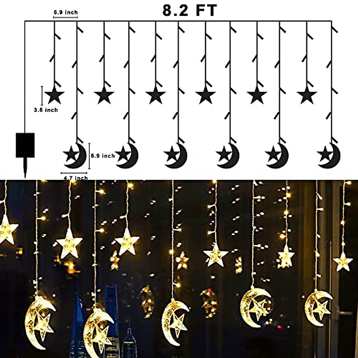 FUNPENY Solar Star and Moon Fairy String Lights 138LED 8 Lighting Modes Outdoor/Indoor Waterproof Twinkle Curtain Light for Backyard Garden Patio Home Ramadan Decoration