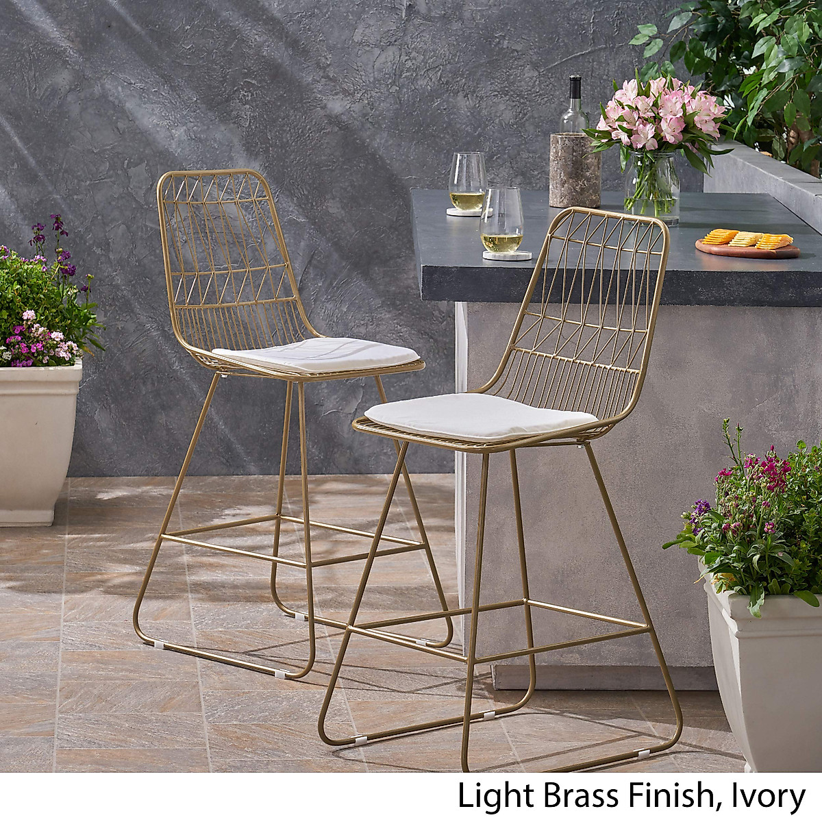 GDFStudio Outdoor Counter Stools, 26" Seats, Modern, Geometric, Light Brass Iron Frames with Ivory Cushion (Set of 2)