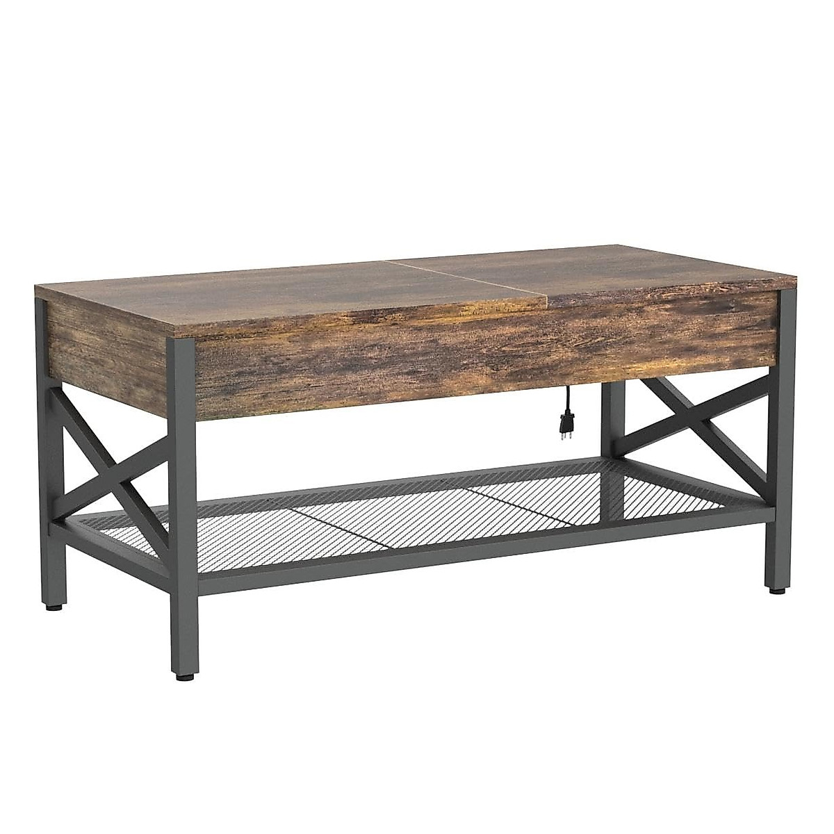 Aheaplus Coffee Table, Lift Top Coffee Table with LED Light and Power Outlet, Modern Lift-Top Center Table with Storage Shelf, for Living Room with Lift Tabletop, X Support Metal Frame, Rustic Brown