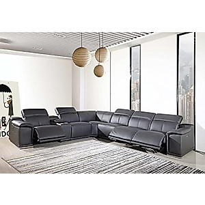 Blackjack Furniture Venice 7 Piece Italian Leather Sectional Sofa with 3-Power Recliners, Adjustable Headrest, Lumbar Support, USB and Wireless Charging Station, Extra Large Storage, 1 Console, Gray