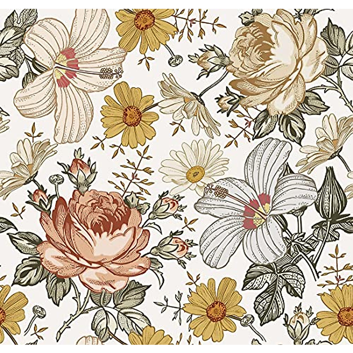 Blooming Wall Beige Multicolor Peony Daisy Peel and Stick Wallpaper Self Adhesive Wall Mural Wall Decor, 14.5 Square Ft/Roll