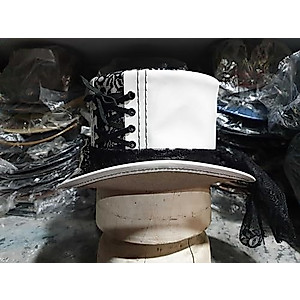 Steampunk Black Crusty Band White Leather Top Hat (Leather, XX-Large)